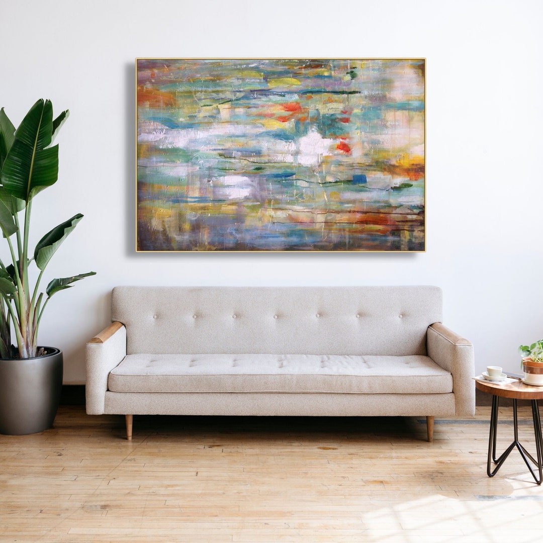 Large Original Abstract Painting Bright Colors on Canvas With Frame ...