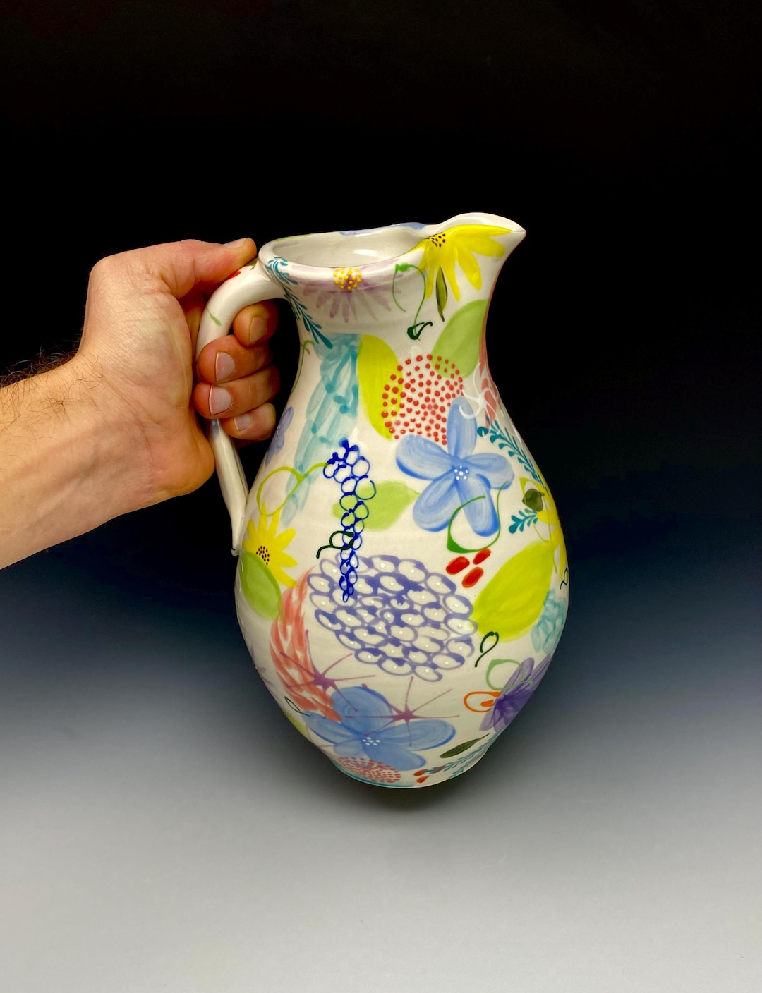 Large Floral Pitcher Painted Porcelain Water Jug Garden Design Vessel ...