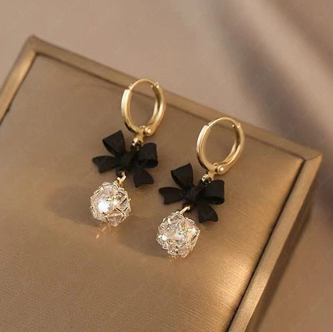 Black Bow Earrings Bow Hoop Earrings Button Crystal Earrings Drop ...