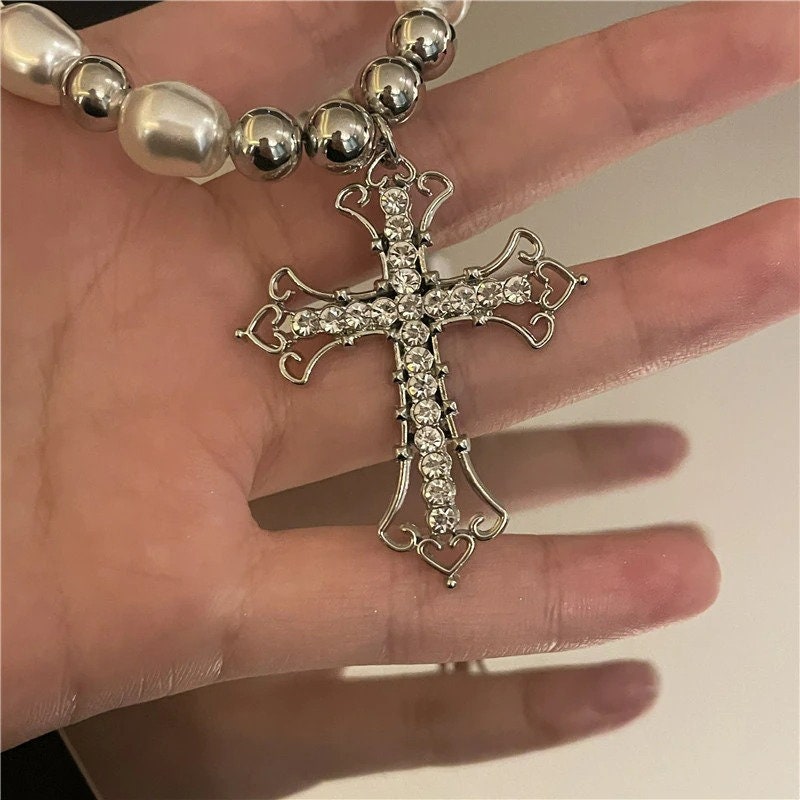 Cross Pendant Necklace Vintage Pearl Cross Necklace Chunky Holy Cross ...