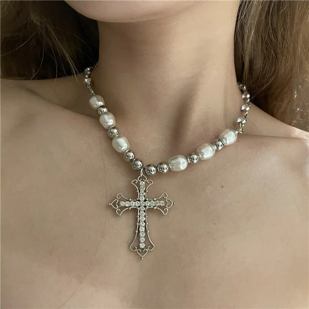 Cross Pendant Necklace Vintage Pearl Cross Necklace Chunky Holy Cross ...