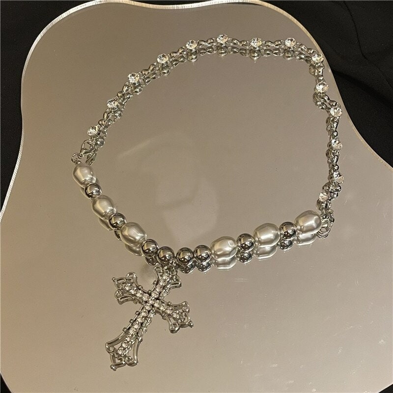 Cross Pendant Necklace Vintage Pearl Cross Necklace Chunky Holy Cross ...