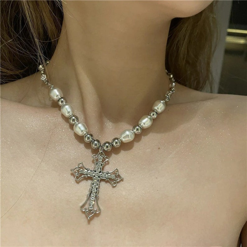 Cross Pendant Necklace Vintage Pearl Cross Necklace Chunky Holy Cross ...