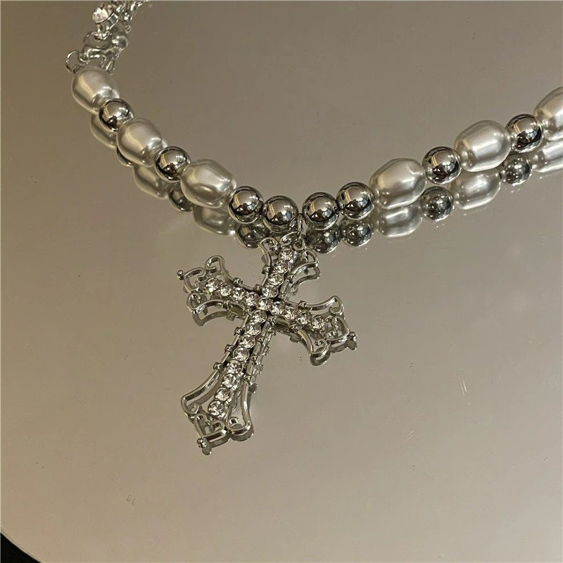 Cross Pendant Necklace Vintage Pearl Cross Necklace Chunky Holy Cross ...