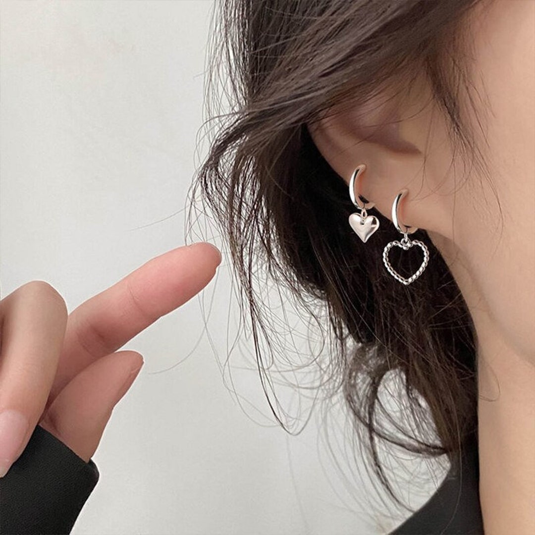 Mismatched Heart Hoop Earrings in Sterling Silver Heart Drop Hoop ...