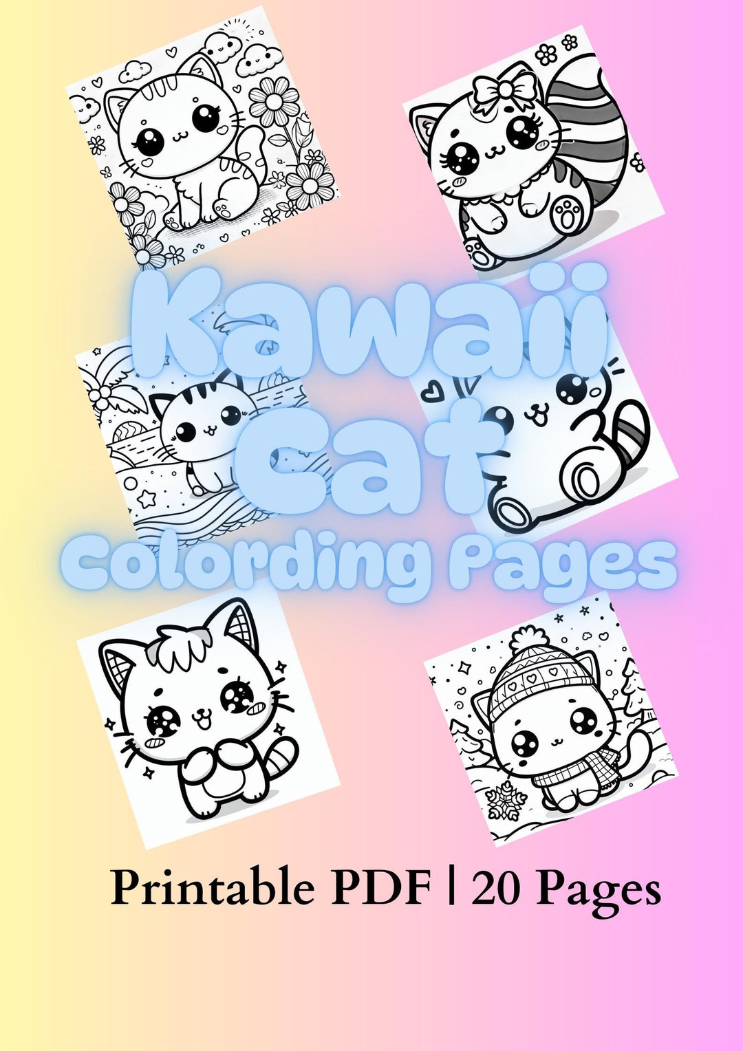 Printable Kawaii Cat Coloring Pages, PDF - Etsy