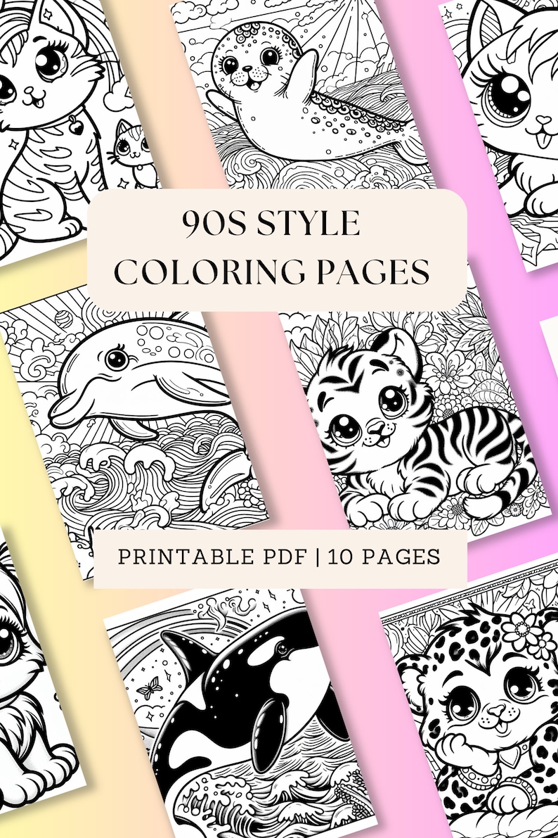 Printable 90s Inspired Animal Coloring Pages for Adult and Kids, PDF - Etsy