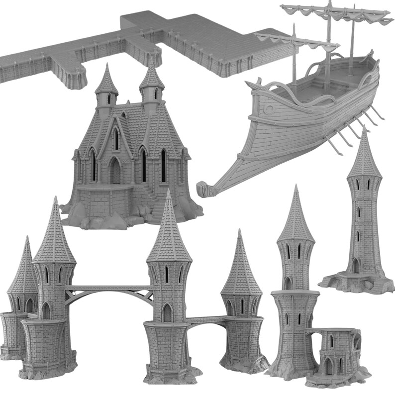 High Elf Harbor Terrain Set, Docks + Lighthouse + Tower + Elven Ship ...