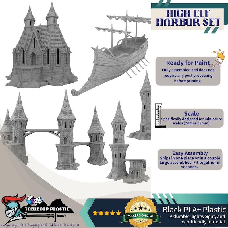 High Elf Harbor Terrain Set, Docks + Lighthouse + Tower + Elven Ship ...