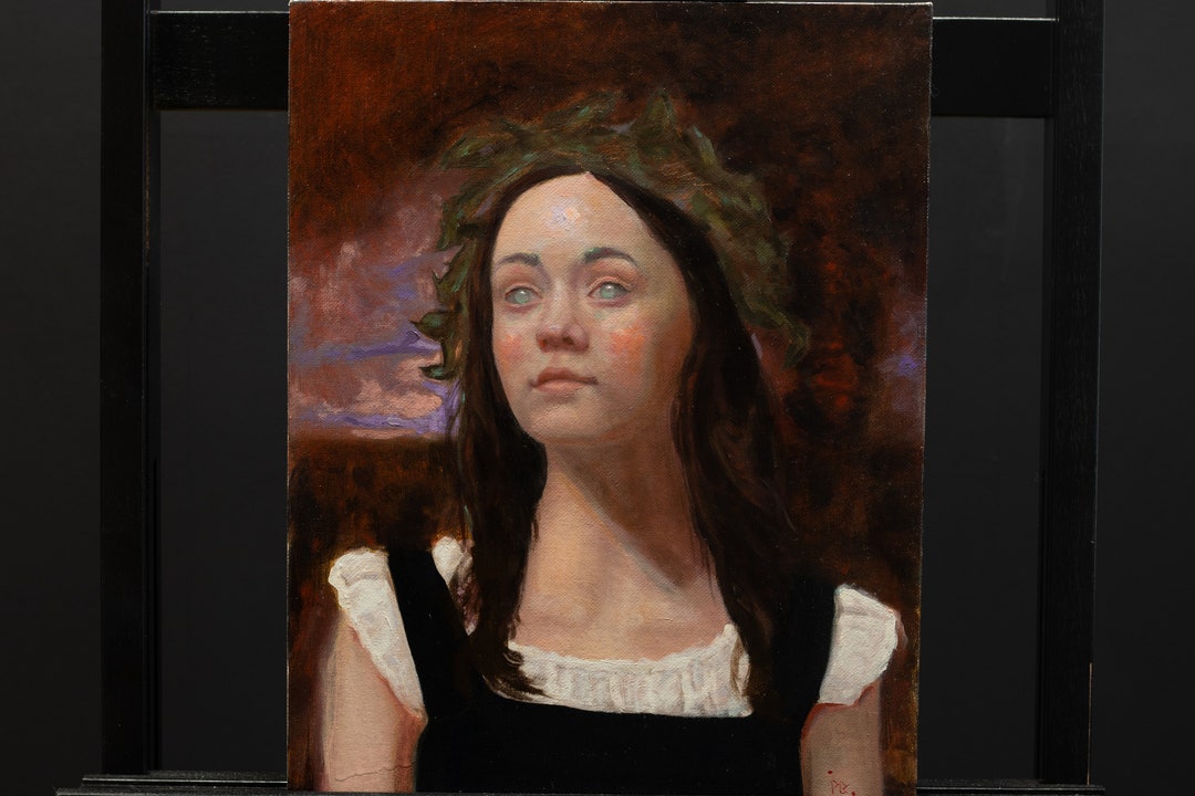 Persephone--woman Looking Away, Oil Portrait on Canvas Panel, Wreath on ...