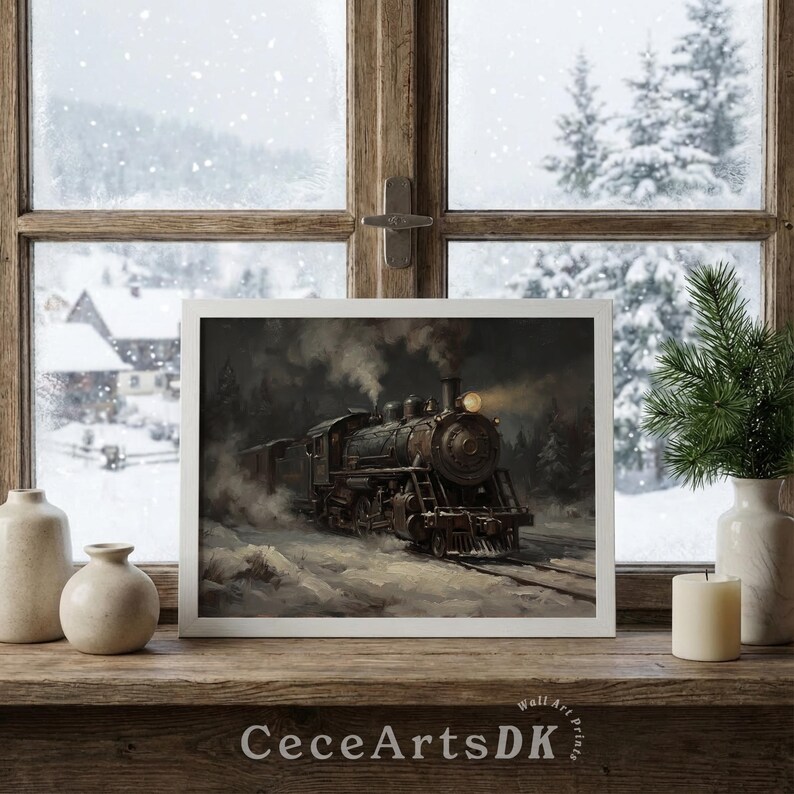 Vintage Steam Train Oil Painting: Moody Winter Night Art (digital ...