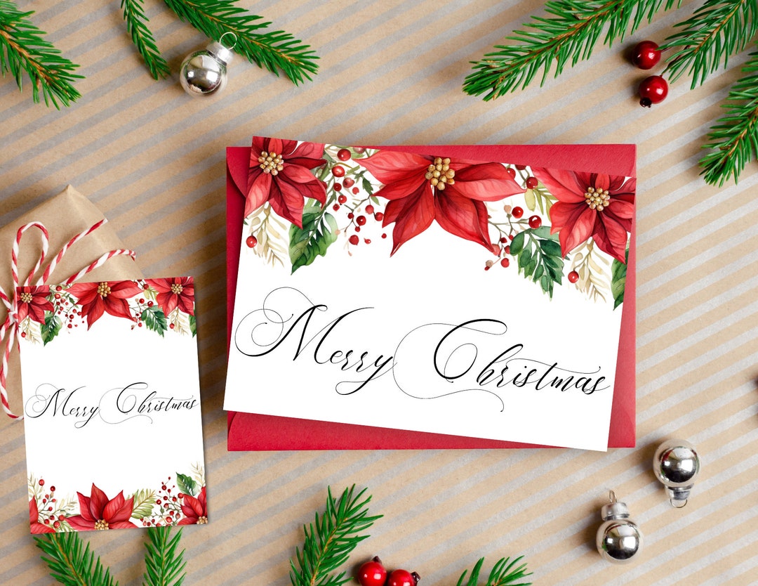 Merry Christmas Folded Card -printable Christmas Flowers Card-christmas ...