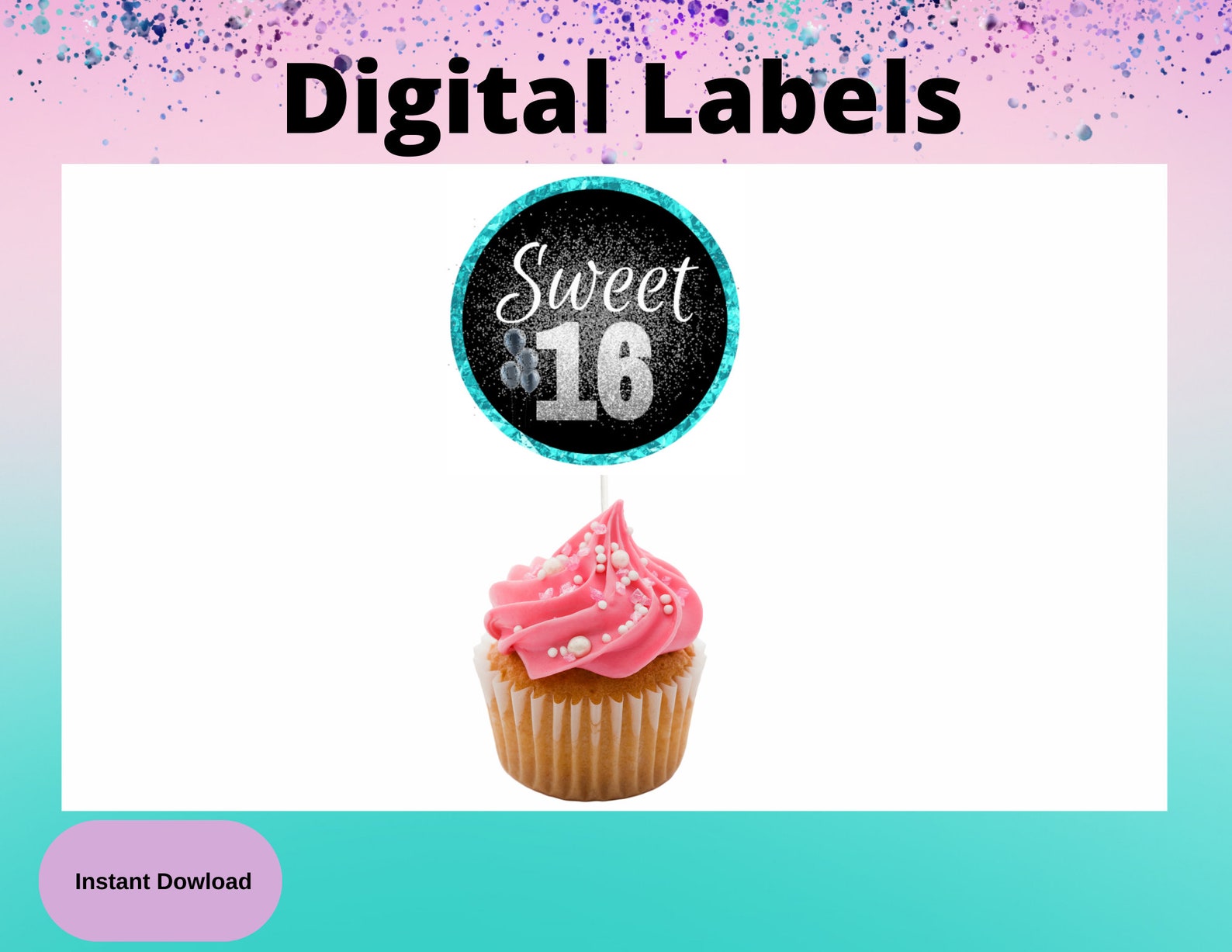 Mini Cupcake Sweets 16 Labels - Cupcake 16th Birthday -sweets 16 Teal ...