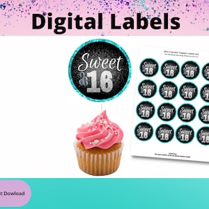 Mini Cupcake Sweets 16 Labels - Cupcake 16th Birthday -sweets 16 Teal ...