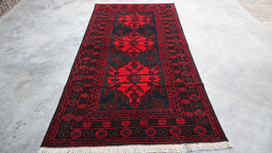 Reddish Black Maldari Baloch Pattern Vintage Rug Afghan Handmade Area ...