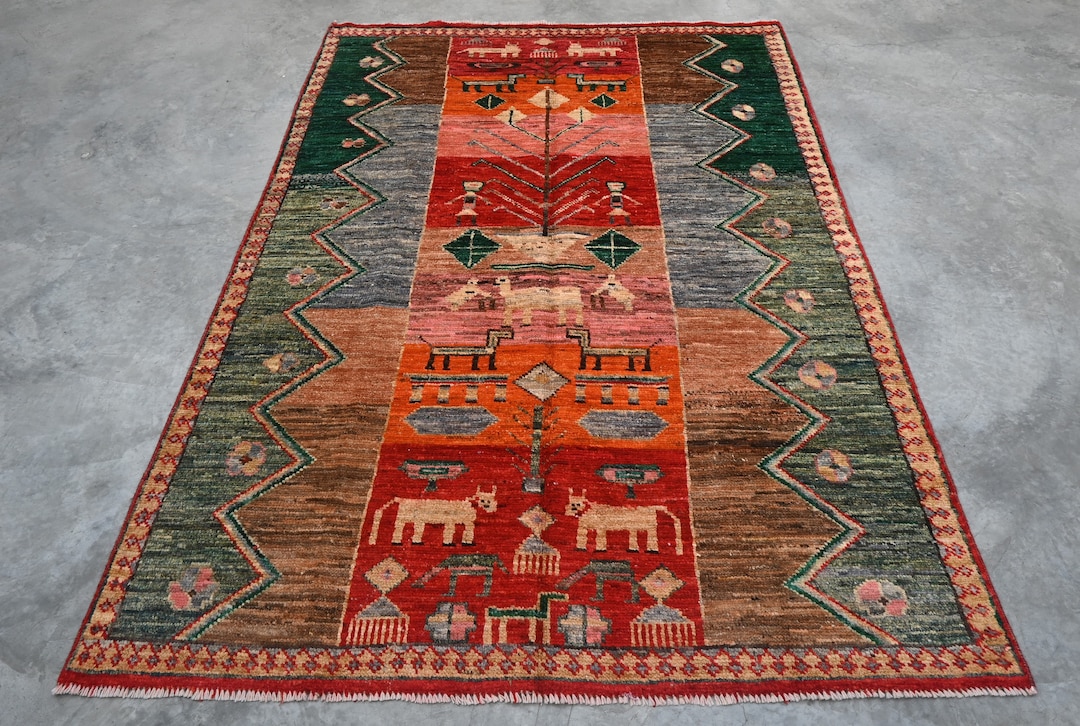 Afghan Pictorial Moroccan Rug Hand Knotted Natural Wool Rug 7.9x5.2 Ft ...