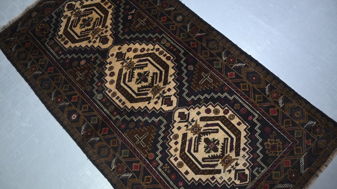 1960's Antique Balochi Rug Afghan Hand Knotted Geometric Rug 6.7x3.7 Ft ...