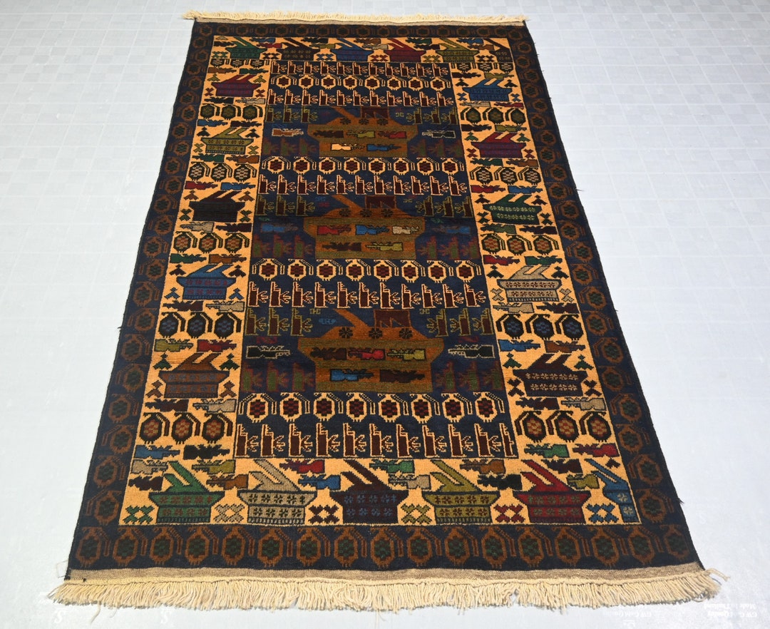 Afghan Handmade Vintage Balochi Rug 6.8x4.0 Wool Area Rug War Design ...