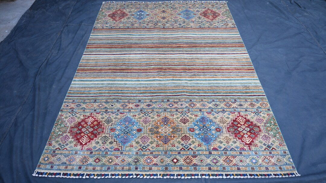 Hand Knotted 7'8x5'5 Ft Khorjen Design Area Rug Fine Blue Red Afghan ...