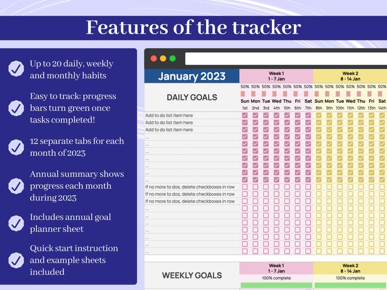 2023 Habit Tracker Google Sheets Spreadsheet Template | Daily, Weekly ...