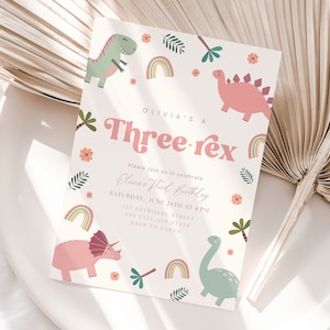 Editable Three Rex Invitation Girl Dinosaur Birthday Invitation Three ...