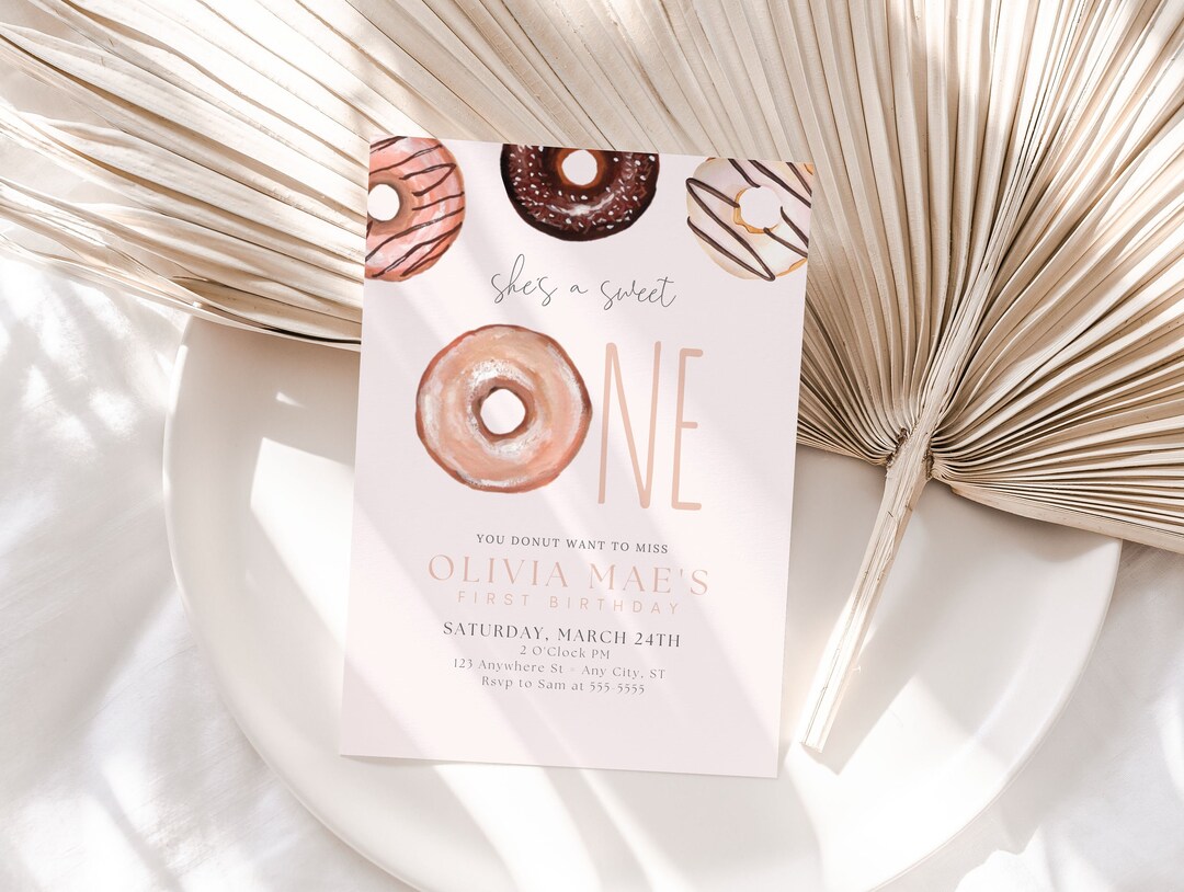 Self-editabke 5x7 Sweet One Party Invitation Donut First Birthday ...