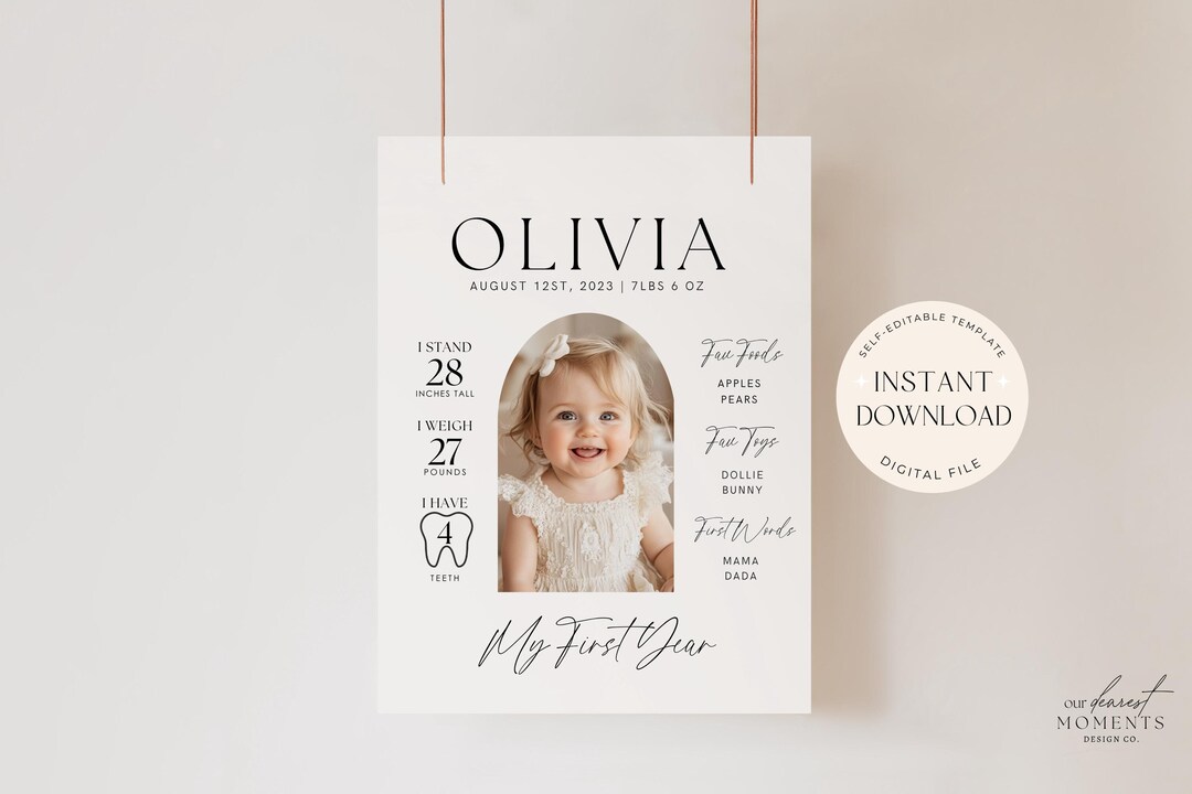 Editable My First Year First Birthday Sign Decor Banner Milestone Sign ...