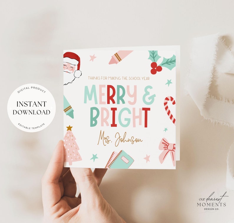 Editable Teacher Christmas Card Thank You School Teacher Appreciation ...