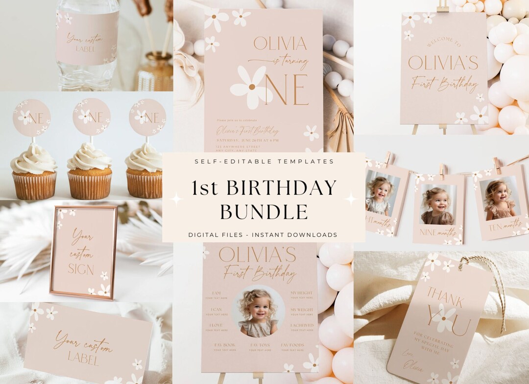 Daisy Digital Party Bundle Birthday Boho 1st Birthday Bundle for Girls ...