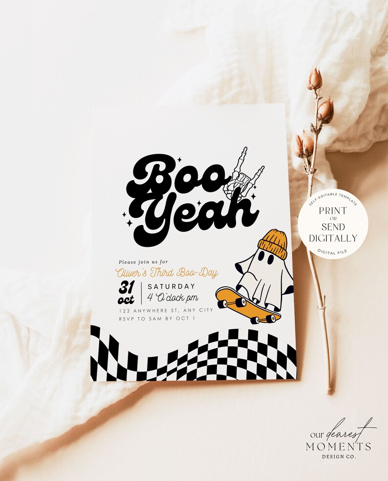 Editable Halloween Birthday Invitation Skateboard Ghost Retro Halloween ...