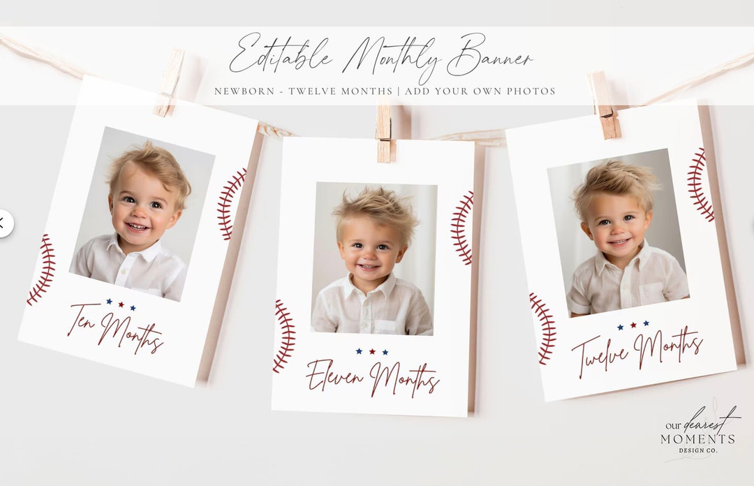 Editable Rookie Year First Birthday Party Monthly Banner Baseball ...