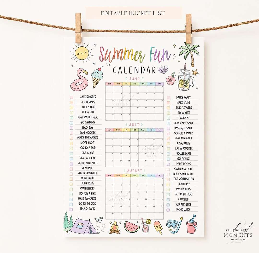 PRINTABLE Summer Bucket List Calendar 2026 Editable Poster Summer Fun ...