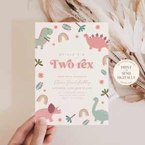 Editable Two Rex Invitation Second Birthday Girl Dinosaur Party Two-rex ...