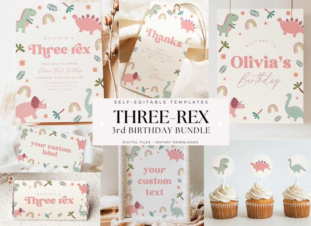 Editable Three Rex Birthday Bundle Girl Dinosaur Birthday Package Three ...