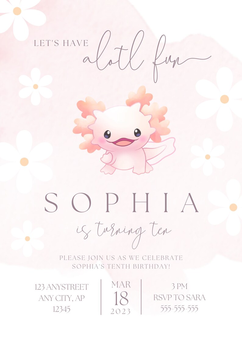 Self-editable 5x7 Axolotl Invitation Birthday Invite Kids - Etsy