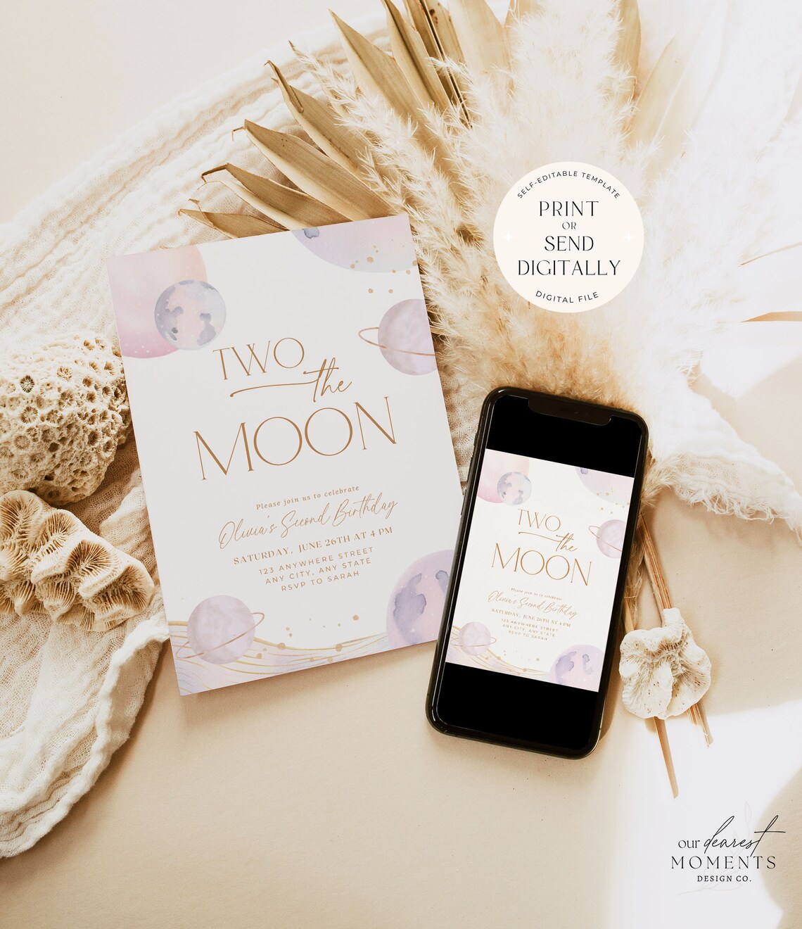 Two the Moon Second Birthday Invitation 2nd Birthday Invite Space ...
