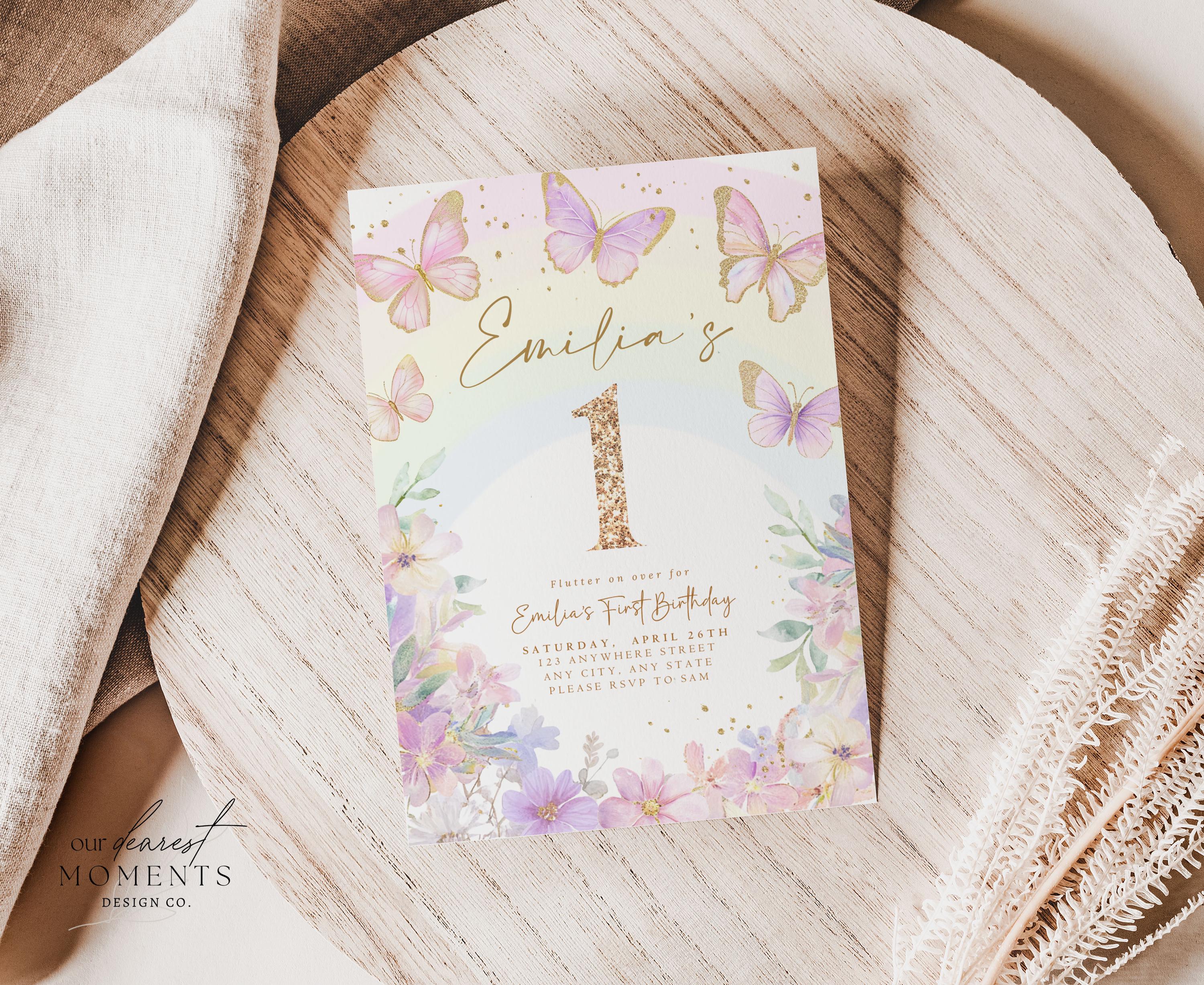 Editable Butterfly 1st Birthday Invitation Rainbow Butterfly Girl First ...