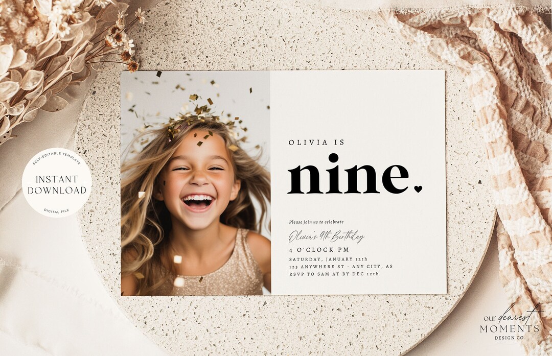 EDITABLE Ninth Birthday Invitation 9th Birthday Party Invite Boho Nine ...