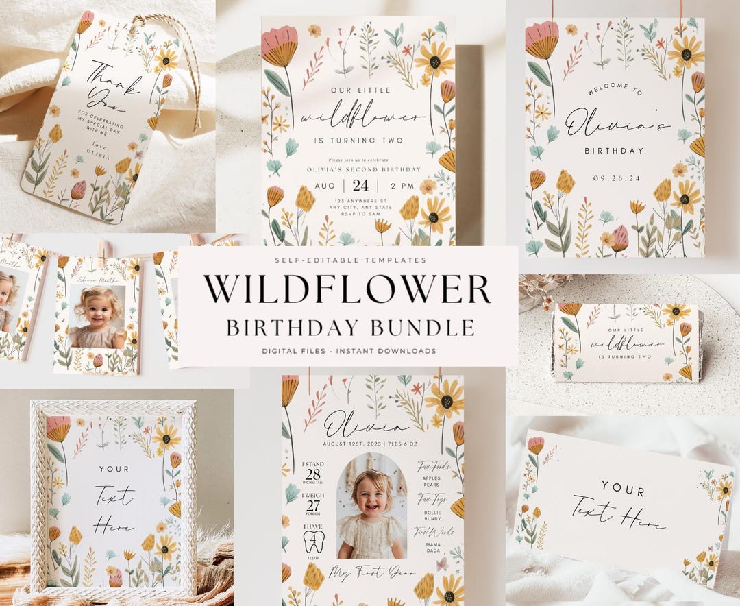 Editable Wildflower Birthday Bundle Girl Flower Birthday Digital ...