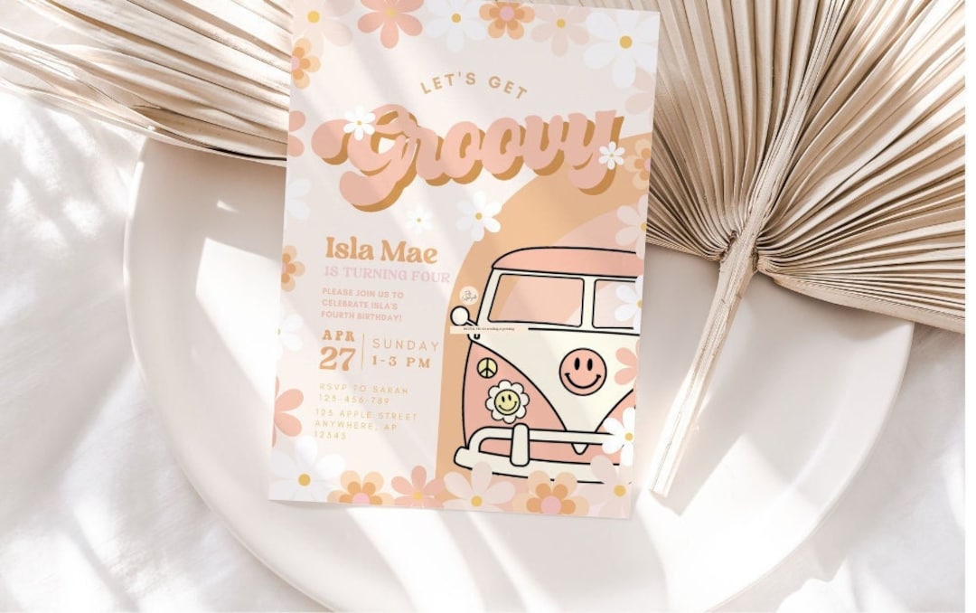 Self-editable Groovy Retro Birthday Invite Kids Party Invitation Boho ...