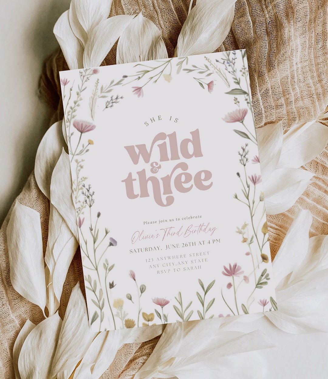 Wild and Three Birthday Invitation Wildflower Birthday Invite 3rd ...