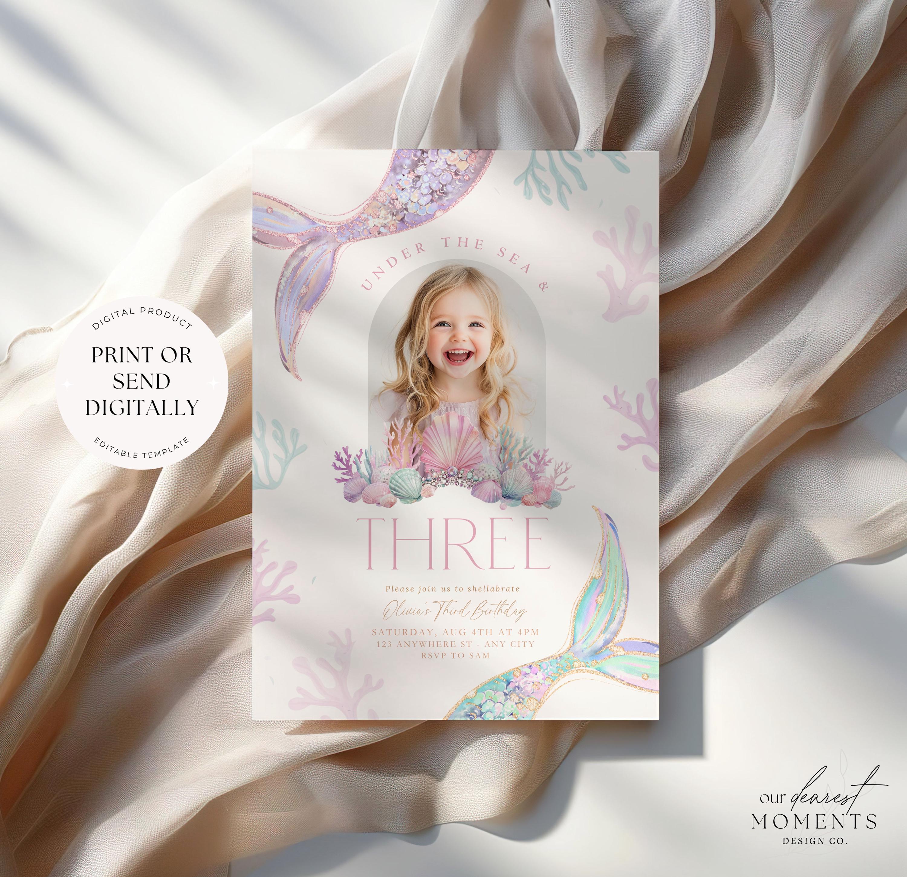 Editable Mermaid Third Birthday Invitation 3rd Birthday Under the Sea ...