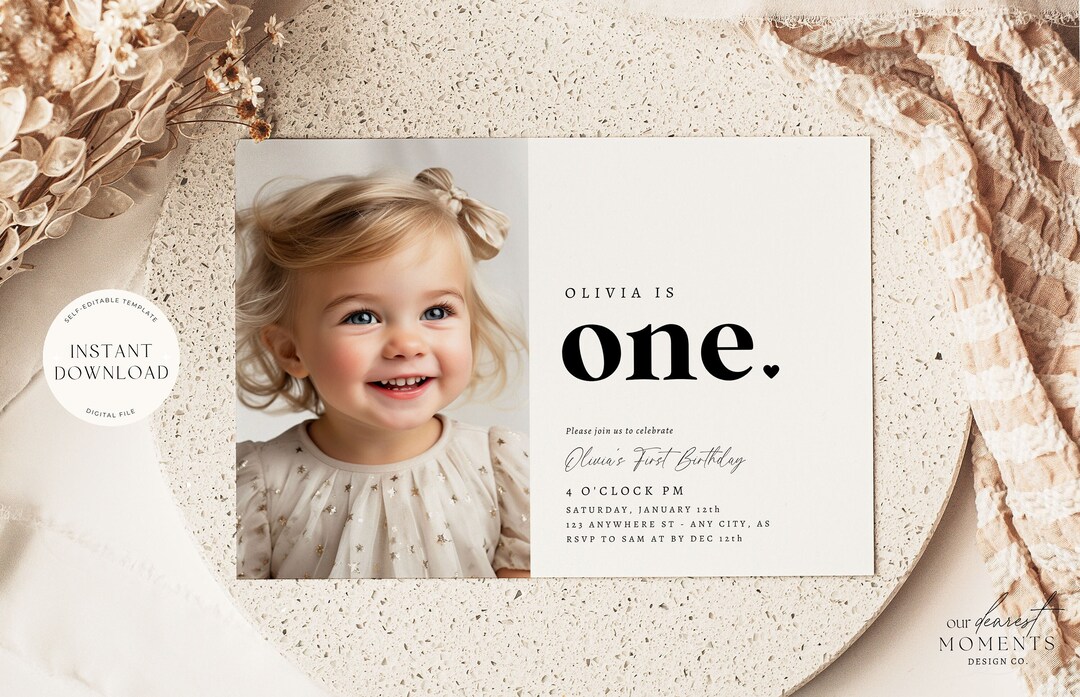 EDITABLE Minimalist First Birthday Invitation Boho First Birthday ...
