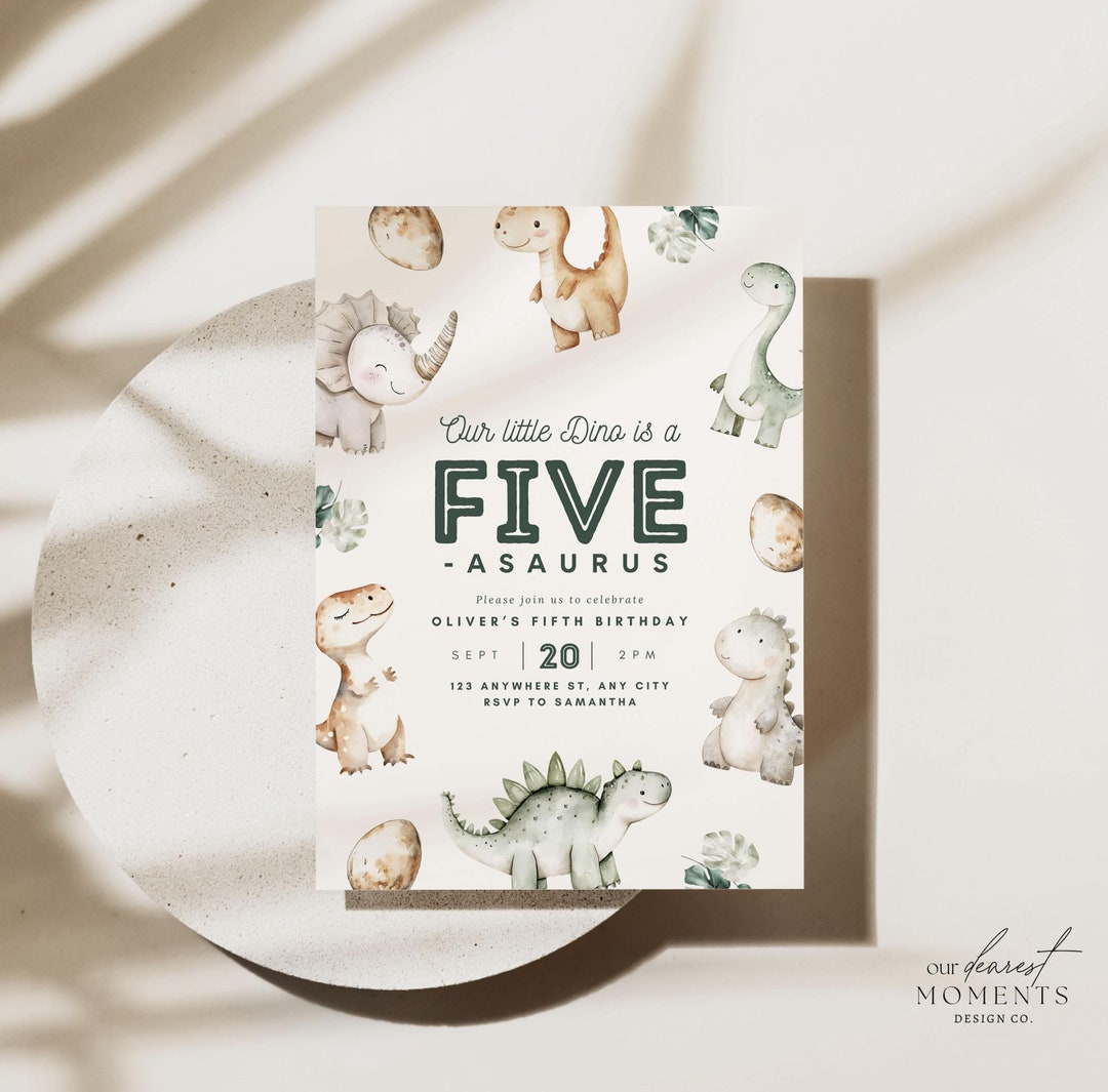 Editable Dinosaur 5th Boy Birthday Invitation Dino Fifth Birthday ...