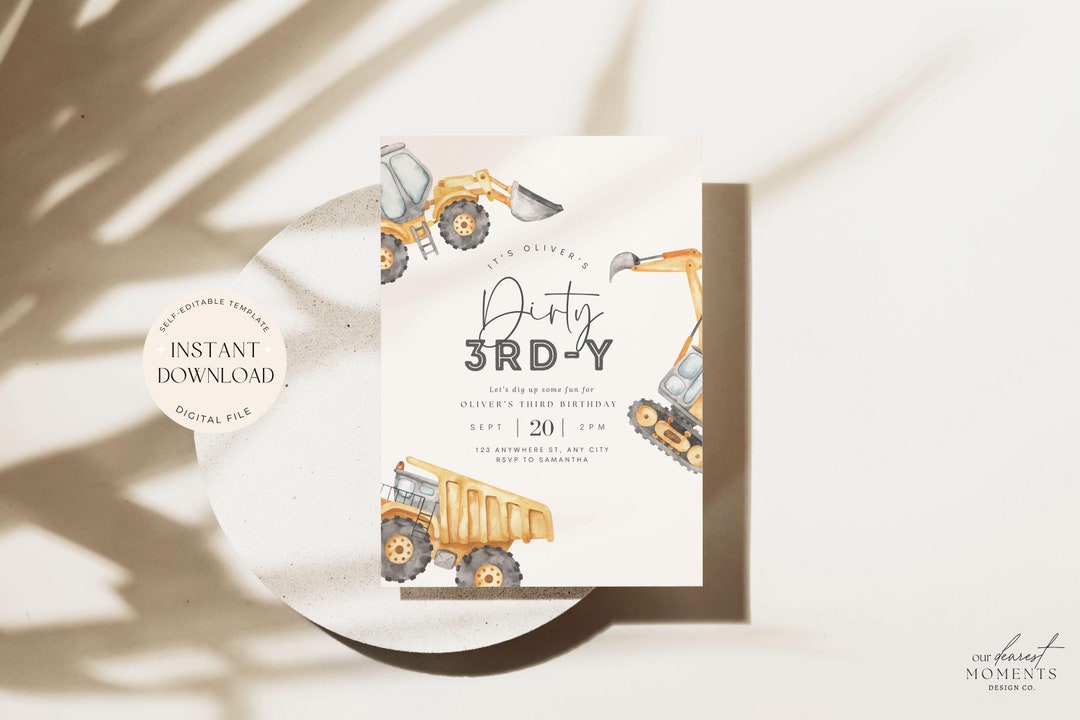 Editable Dirty 3RD-Y Birthday Invitation Construction Boy 3rd Birthday Invitation Dump Truck ...