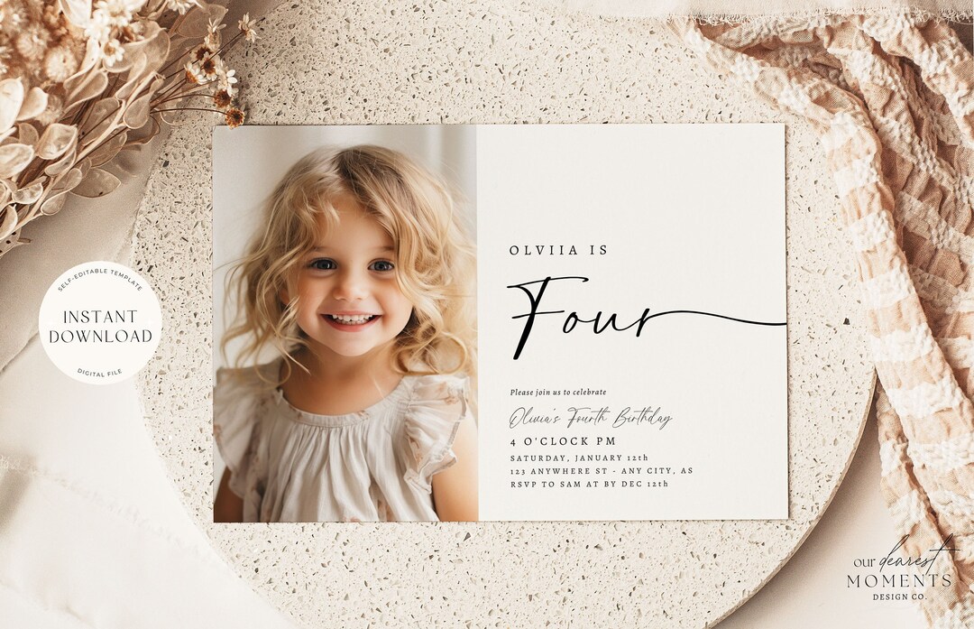 EDITABLE Fourth Birthday Invitation 4th Birthday Party Invite Boho Four ...