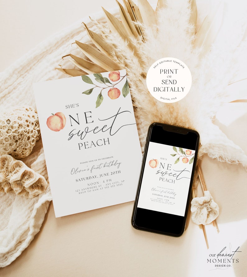 One Sweet Peach Invitation Peach Birthday Invite First Birthday Invite ...