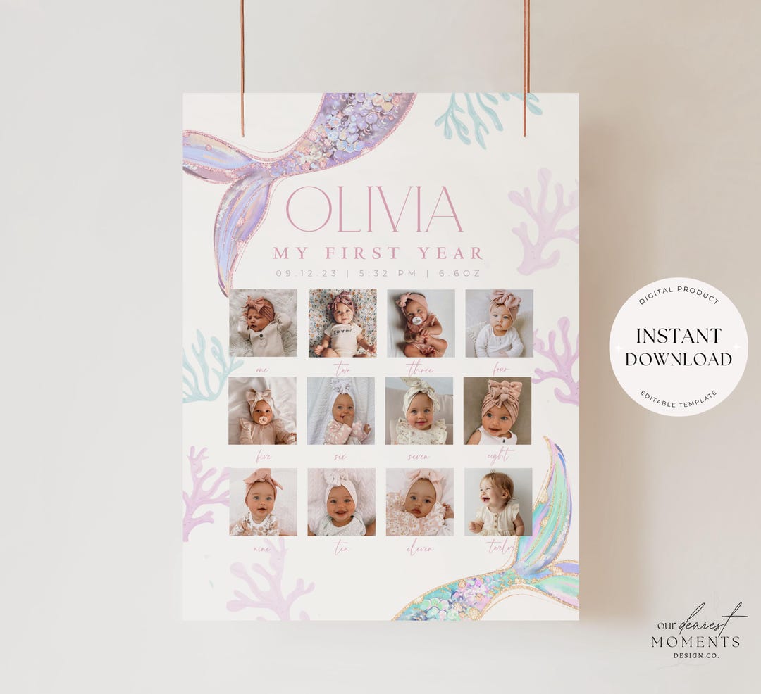 Editable Mermaid Milestone Birthday Sign Printable Under Sea First Year ...