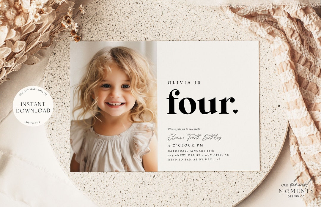 EDITABLE Fourth Birthday Invitation 4th Birthday Party Invite Boho Four ...