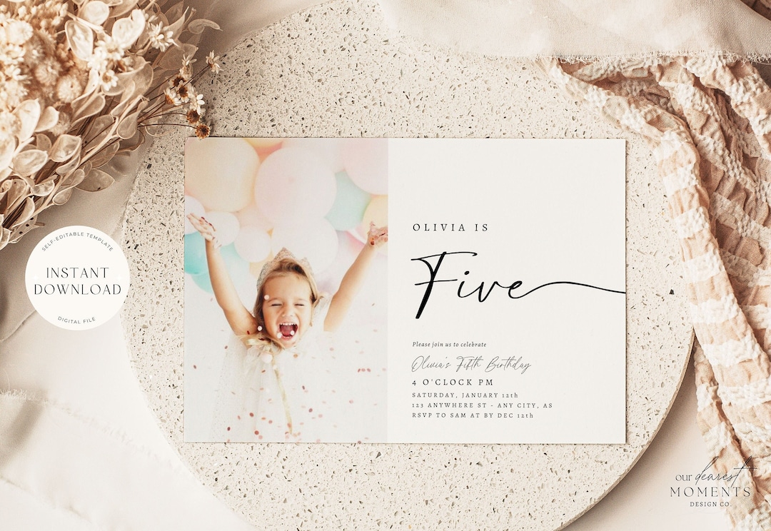 EDITABLE Fifth Birthday Invitation 5th Birthday Party Invite Boho Five ...